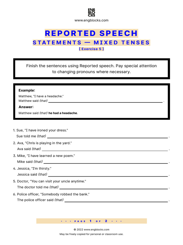 Reported Statements Mixed Tenses Exercise 5 | PDF | Linguistics | Syntax