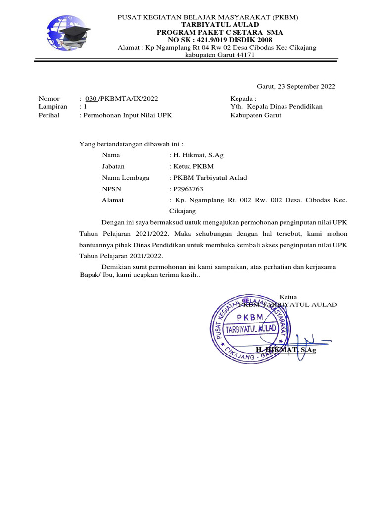 Permohonan Input Nilai UPK PKBM Garut | PDF