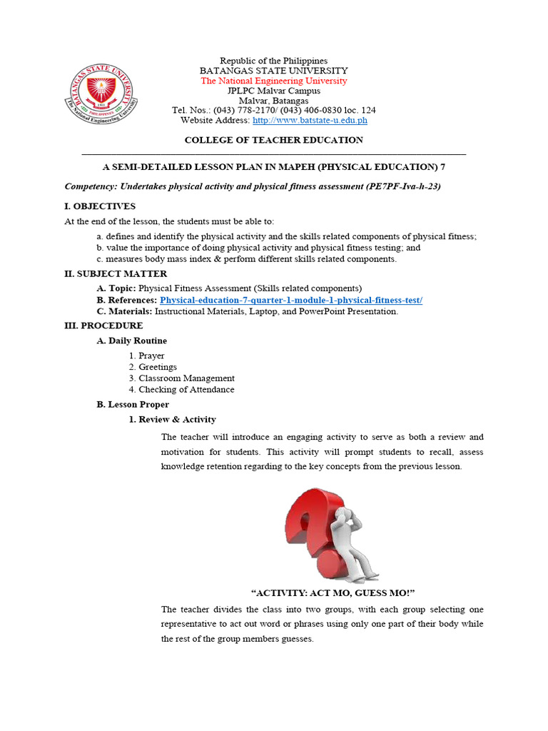 Arvin - LP - Physical Fitness - 060913 | PDF | Teachers | Lesson Plan