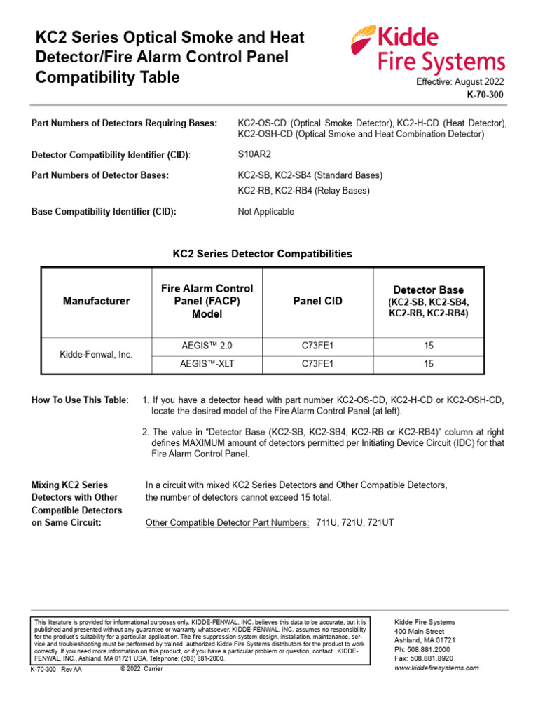 Kidde KC2 Series Smoke Detector Control Panel Compatibility Table K-70-300 | PDF | Equipment ...