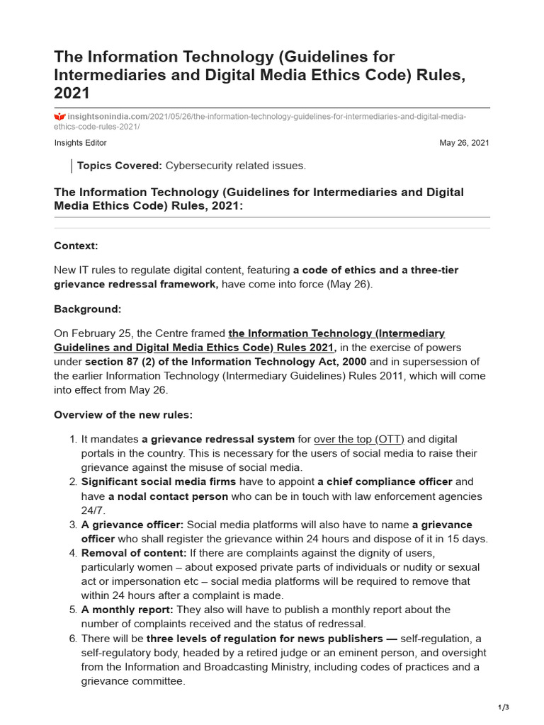 The Information Technology Guidelines For Intermediaries and Digital ...