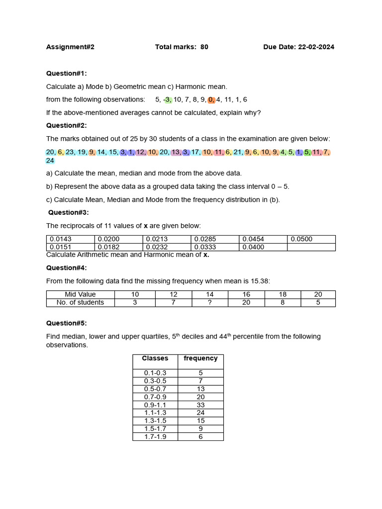 Probability and Stats Assignment On Mean, Mode, Standard Dev | PDF | Mean | Median