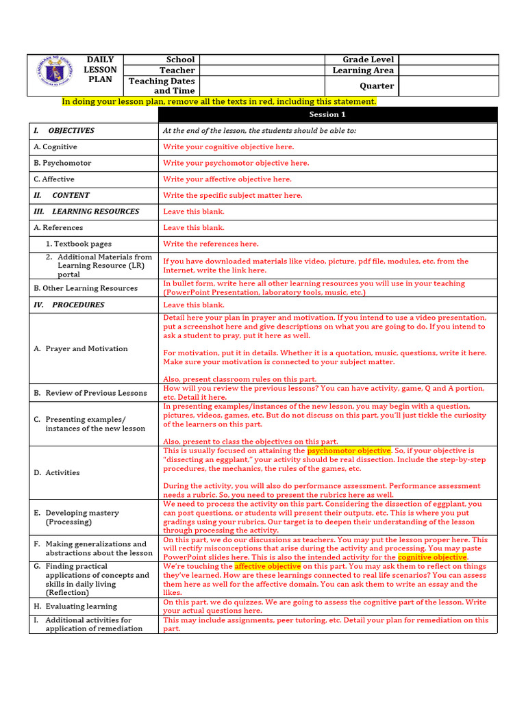 Lesson Plan Template With Explanation | PDF | Lesson Plan | Learning