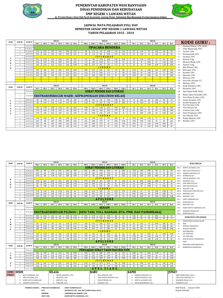 Jadwal Pelajaran Semester Genap TP 2023-2024 | PDF