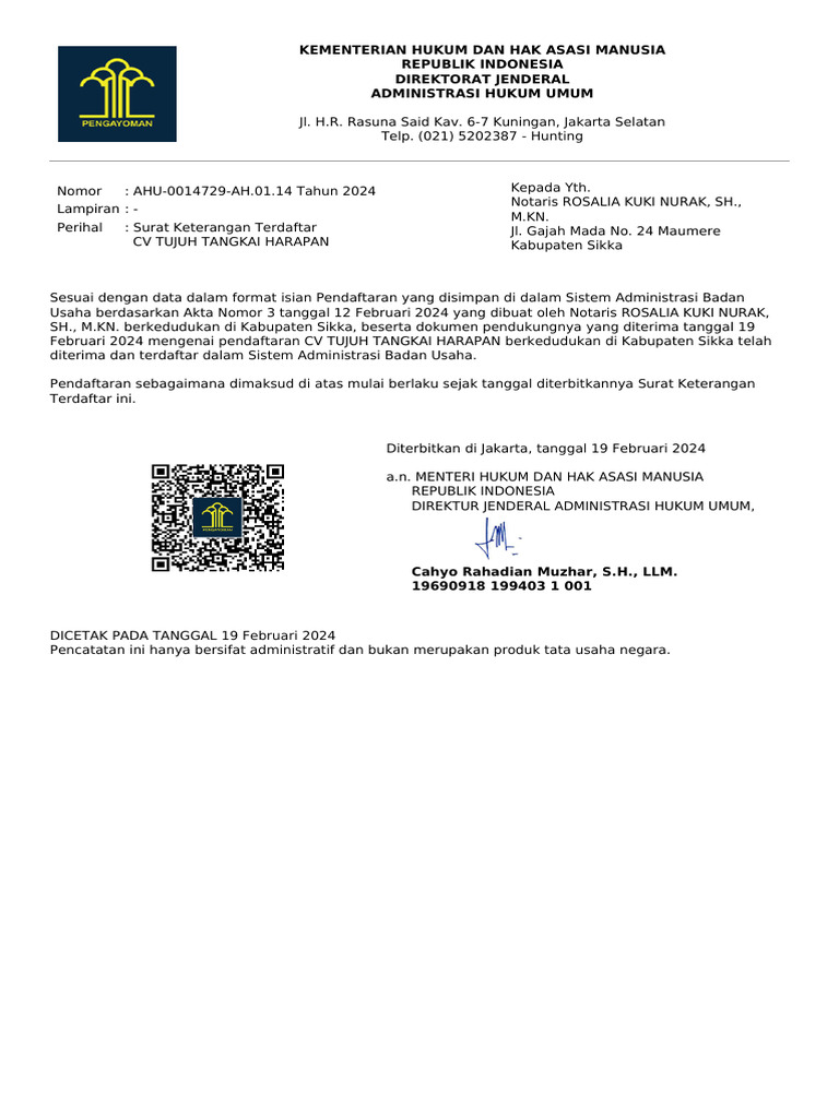 Surat Keterangan Terdaftar AHU-0014729-AH.01.14 Tahun 2024 | PDF