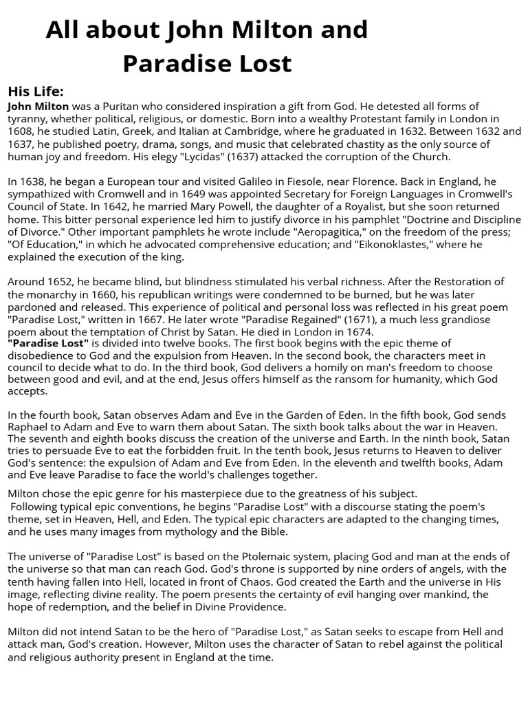 All About John Milton and Paradise Lost With Satan's Speech | Download ... All About John Milton and Paradise Lost With Satan's Speech | Download ...