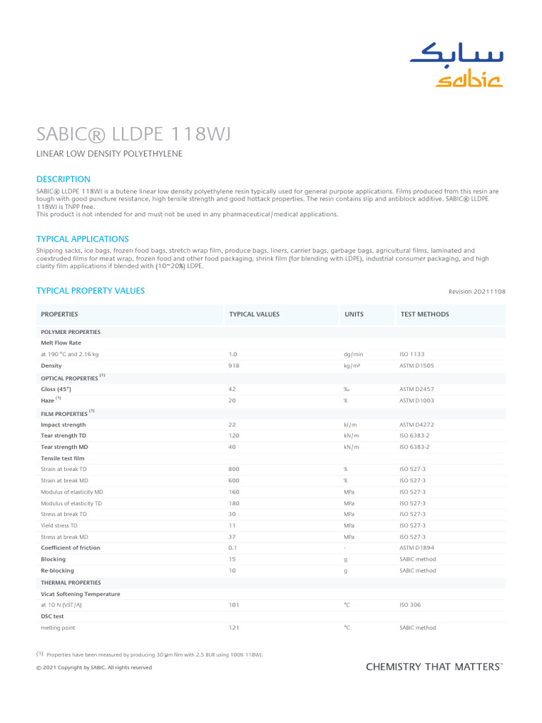 SABIC® LLDPE - 118WJ - Global - Technical - Data - Sheet | PDF | Recycling | Young's Modulus