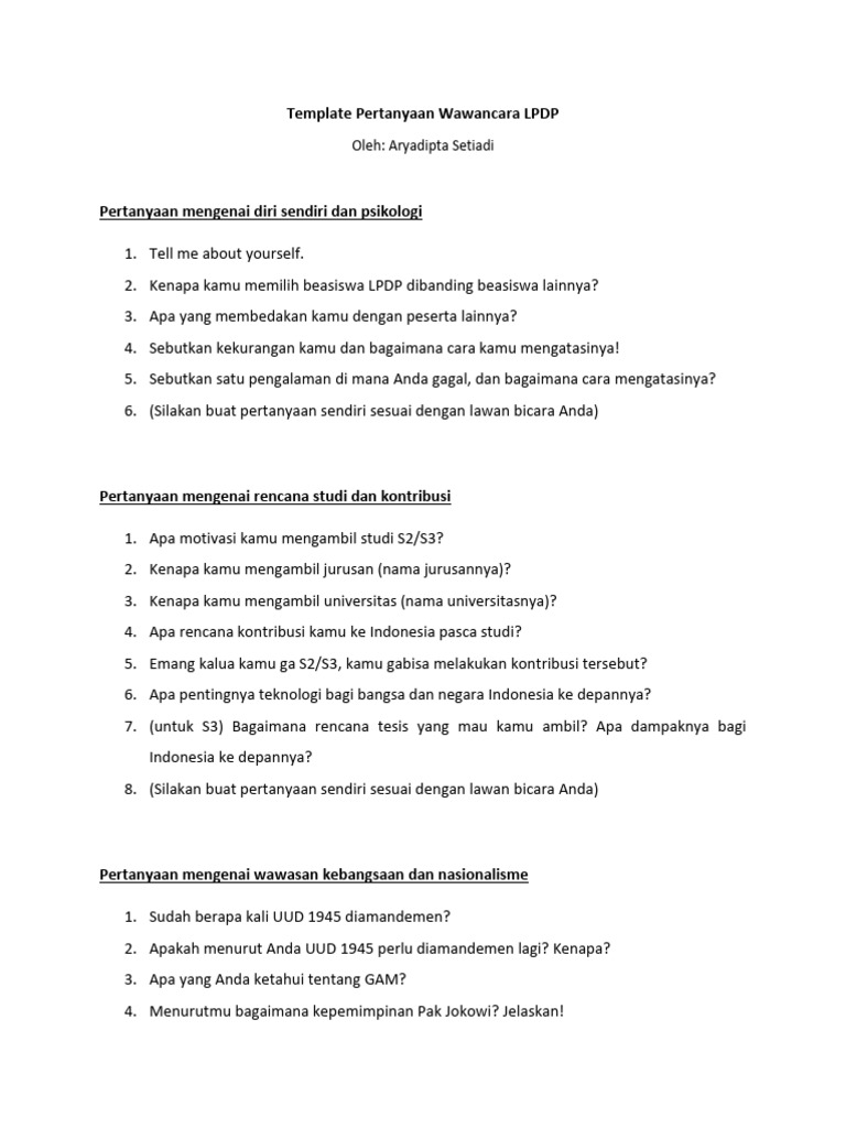 Template Pertanyaan Wawancara LPDP | PDF | Ilmu Sosial | Pengembangan Diri