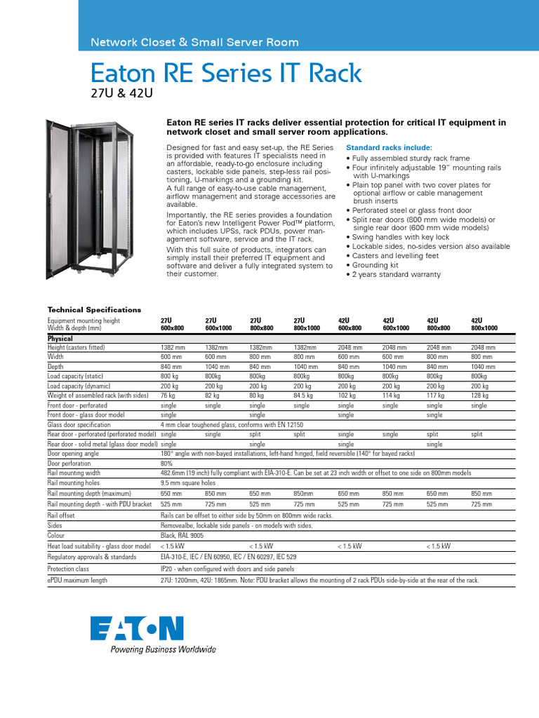Eaton RE Series IT Rack 27U 42U Datasheet PDF Manufactured Goods