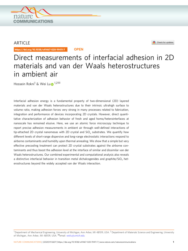 Direct Measurements of Interfacial Adhesion in 2D Materials and Van Der ...