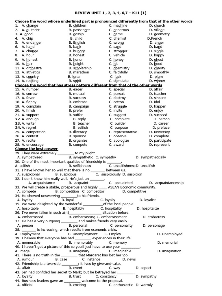 Review Unit 1, 2, 3, 4, 6, 7 - K11 - D y Thêm (22-23) - HS | PDF
