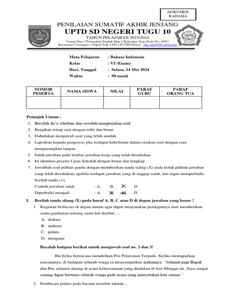 Soal Bhs. Indo Psaj 2024 Kelas 6 | PDF