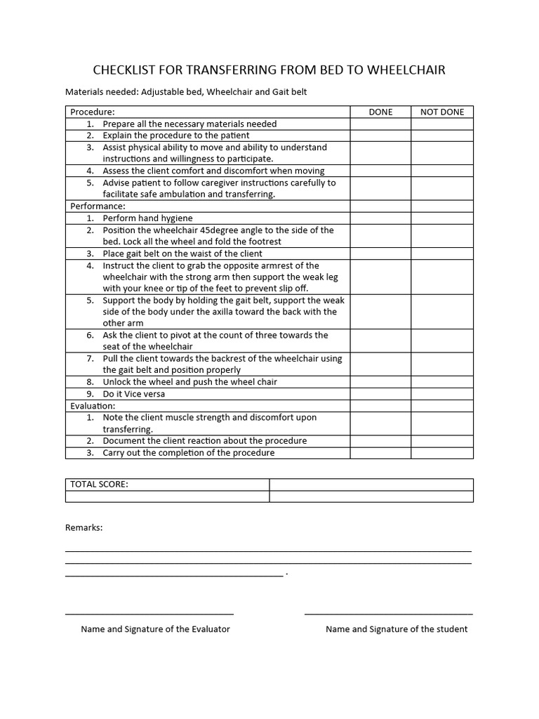 Checklist For Transferring From Bed To Wheelchair | PDF | Wellness