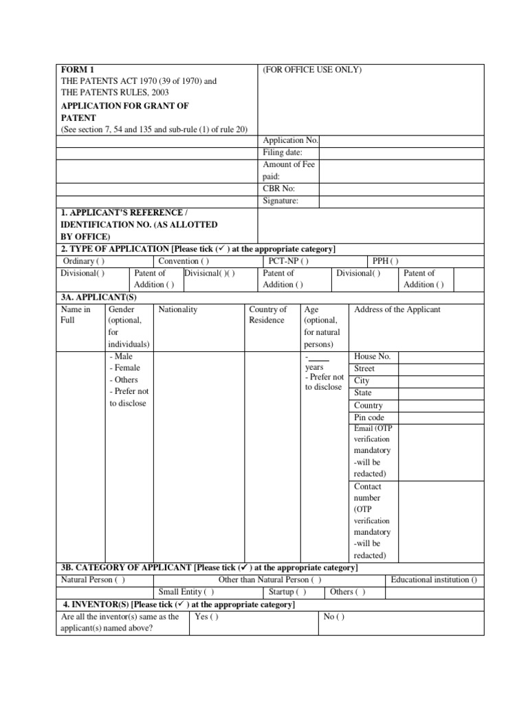 Form 1 | PDF | Patent Application | Patent