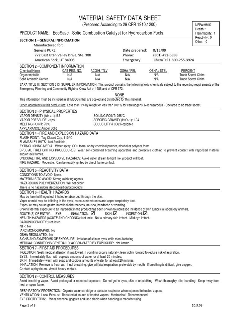 Genesis PURE -MSDS-GenesisPure Caplets | PDF | Dangerous Goods ...