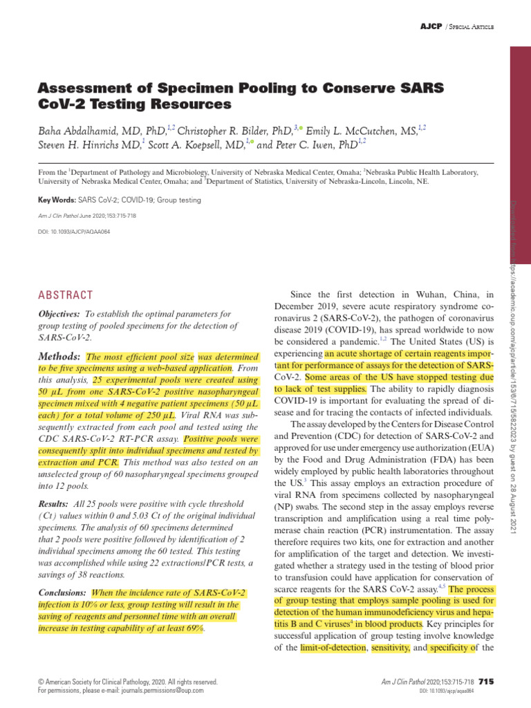 Assessment of Specimen Pooling To Conserve SARS - Really Good | PDF ...