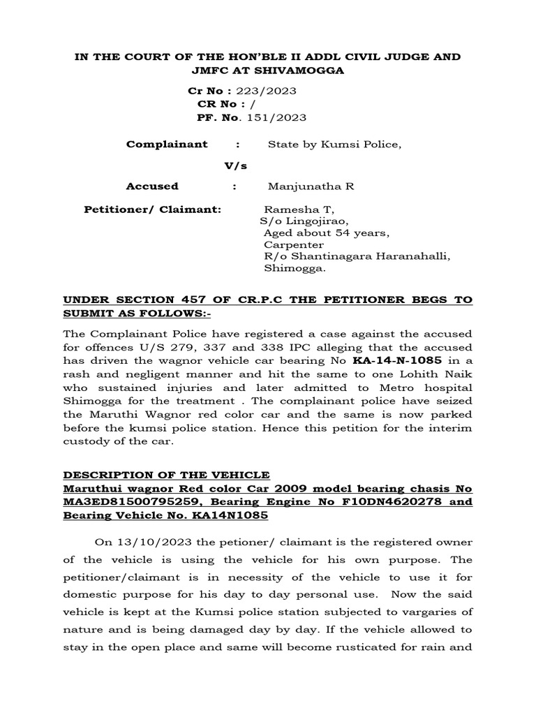 Petition for Vehicle Custody Release | PDF | Crimes | Crime & Violence
