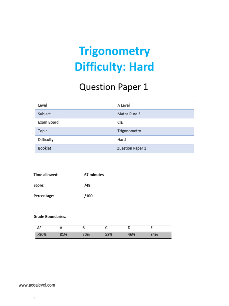 A3 Trigonometry Topic Booklet 1 Hard CIE A Level Maths P3 - 1 | PDF ...