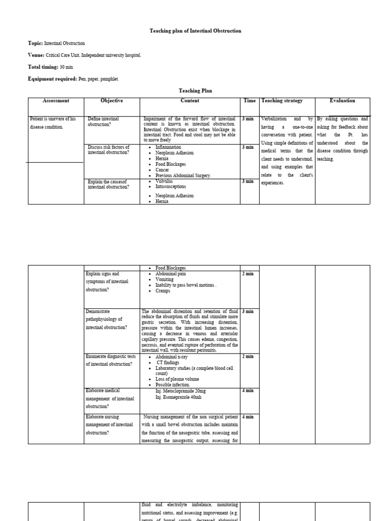 Intestinal Obstruction Teaching Plan | PDF | Causes Of Death | Medical ...