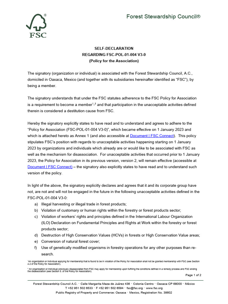 Self Declaration IND | PDF | Forest Stewardship Council | Justice