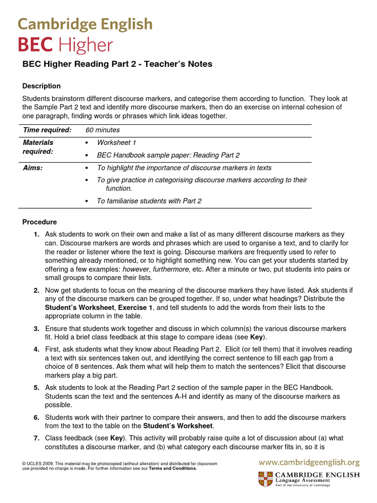 BEC Higher Reading Part 2 Guide | PDF | Discourse | Human Communication