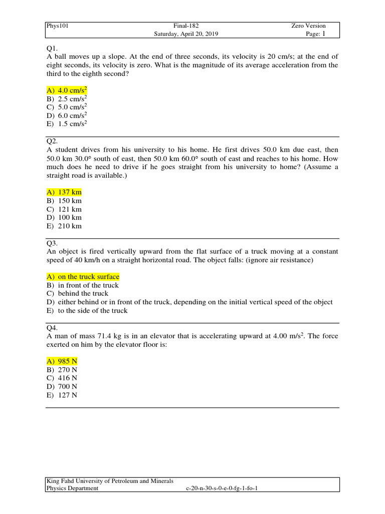 Phys101 Final Exam Questions and Answers | PDF | Force | Applied And Interdisciplinary Physics