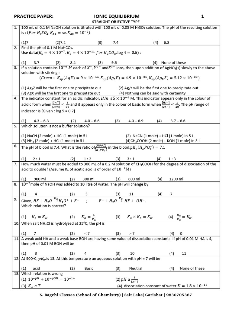 Practice Paper Ionic Equilibrium 22-24-1 | PDF | Ph | Acid