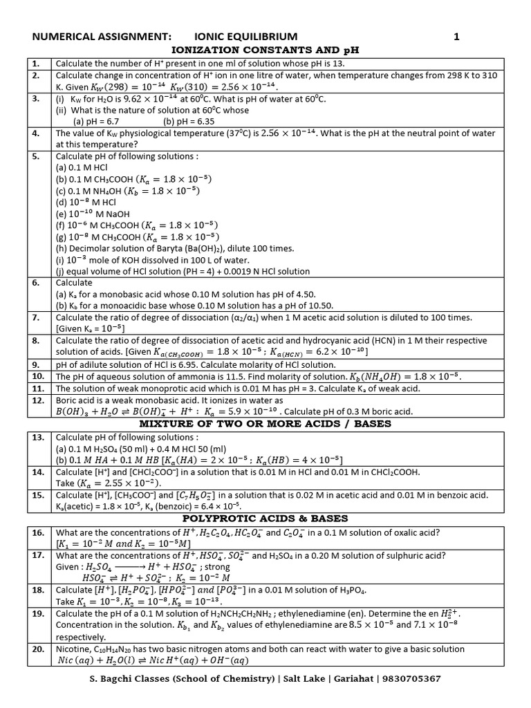 Numerical Assignment Ionic Equilibrium 22-24-1 | PDF | Acid | Ph