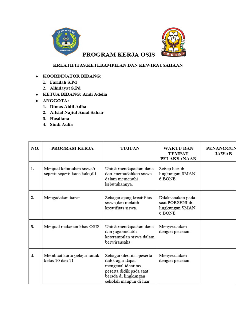 PROGRAM KERJA OSIS (Sekbid 6) | PDF