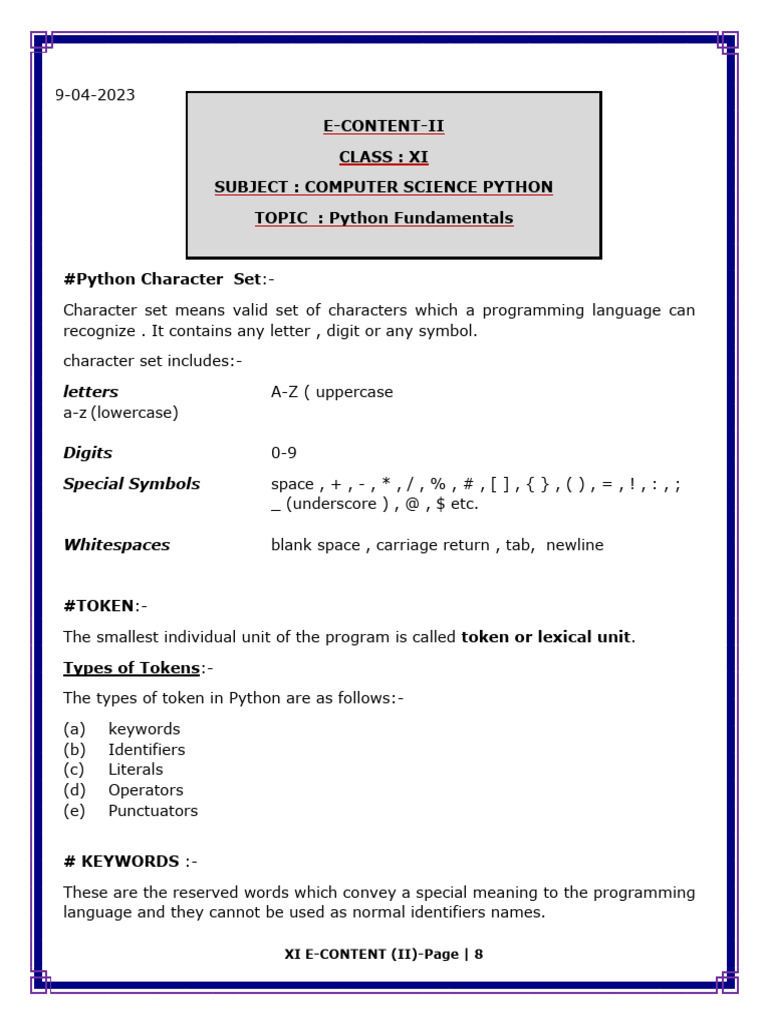 2 Python Fundamentals Lecture Xi 2023-24 | Download Free PDF | Reserved Word | Boolean Data Type