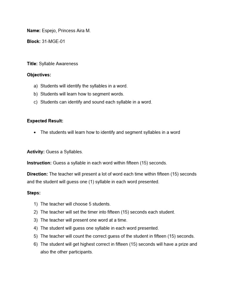 Syllable Awareness | PDF