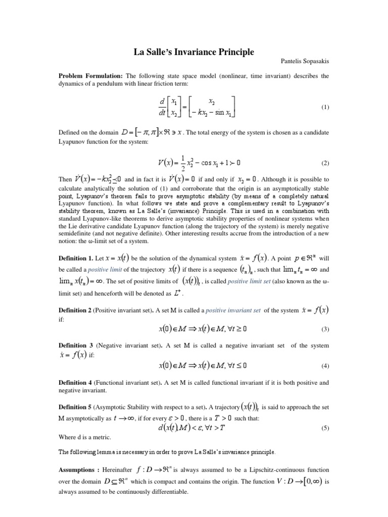 La Salle's Invariance Principle Explained | PDF | Stability Theory ...