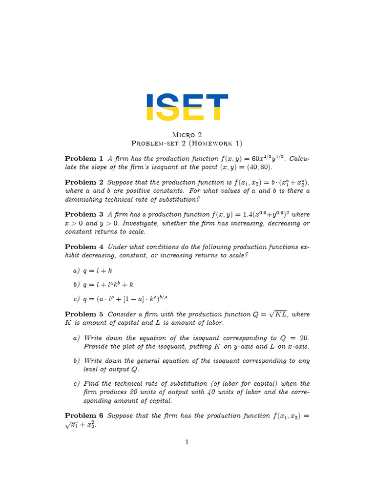 Problem-set 2 (Homework 1) | PDF | Production Function | Economics