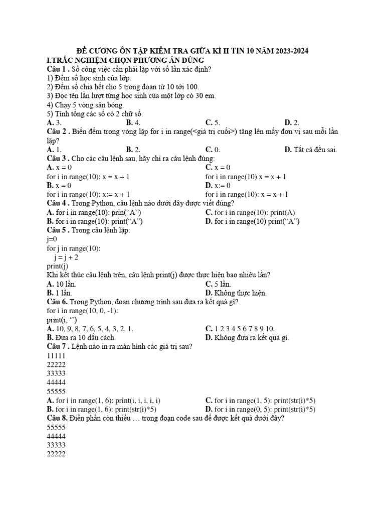 De Cuong On Tap Kiem Tra Giua Ki 2 Tin 10 Nam 2023-2024 | PDF