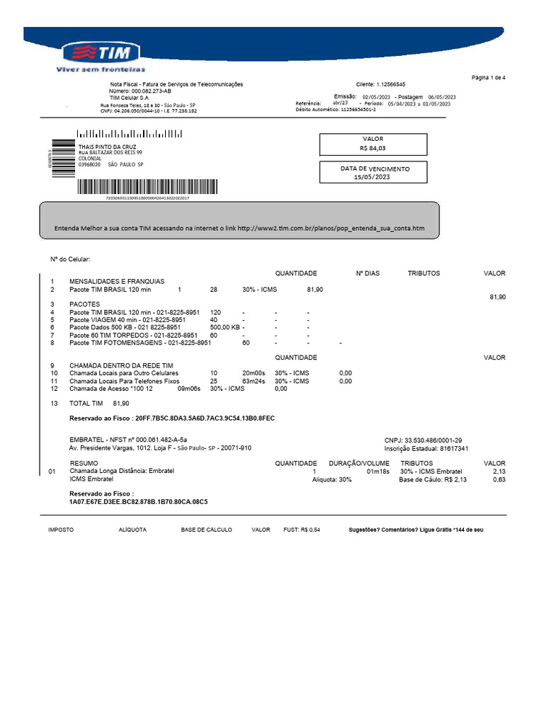 Original - Comprovante Conta Tim | Download grátis PDF | Impostos ...