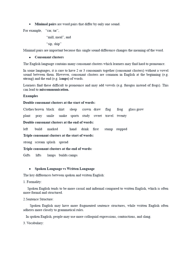 MINIMAL PAIRS, CONSONANT CUSTERS, | PDF | English Language | Word