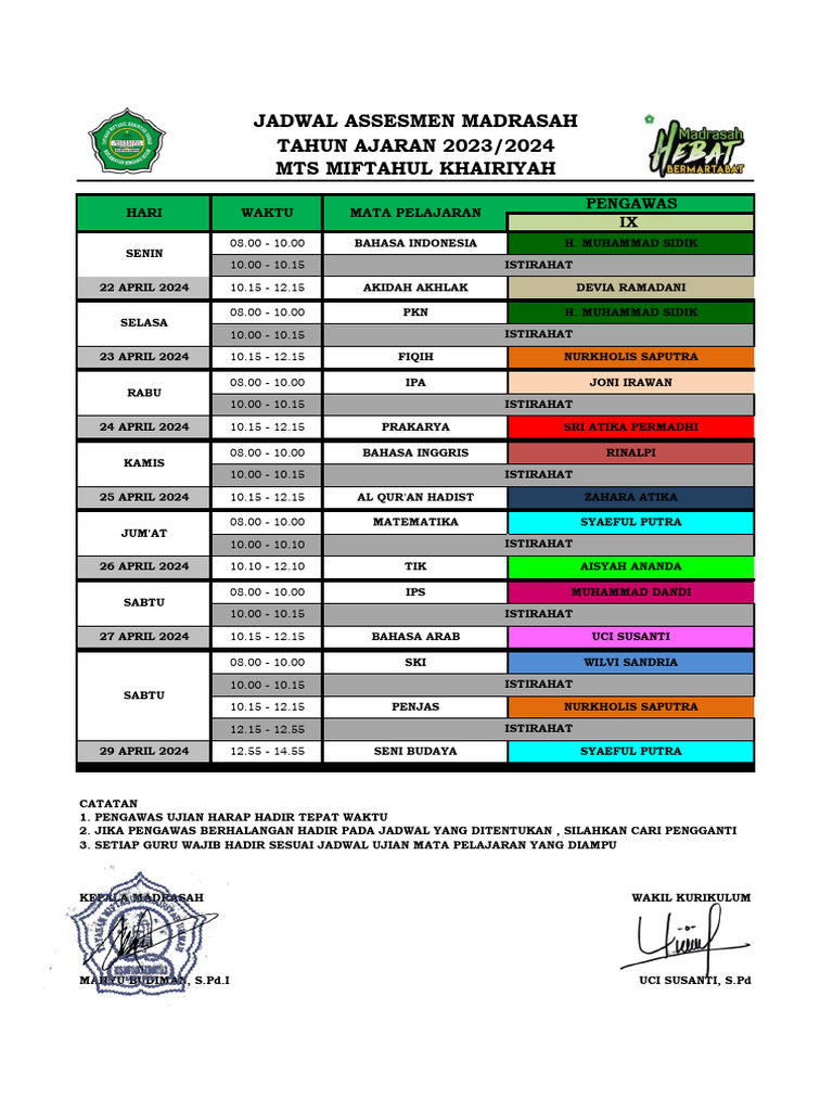 Jadwal Ujian Assesmen Madrasah 2023-2024 | PDF