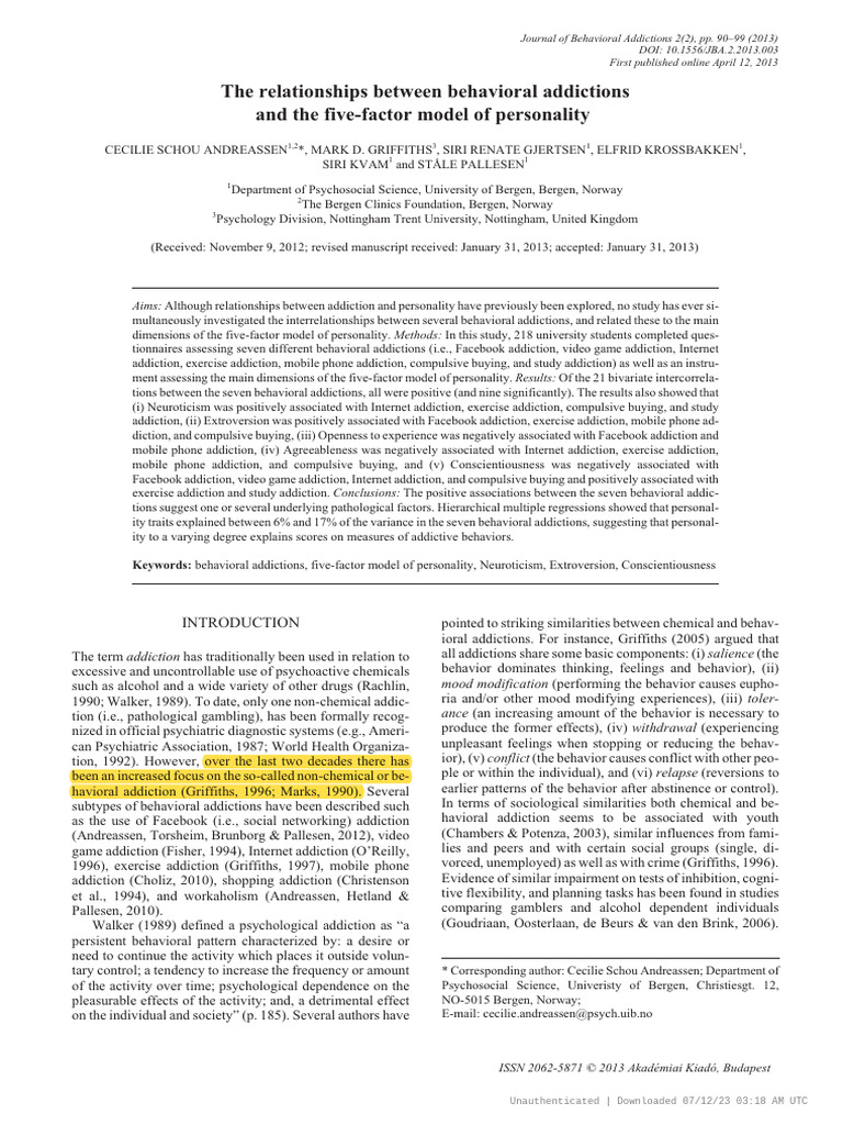The Relationship Between Behavioral Addiction and The Five Factor Model of Personality | PDF ...