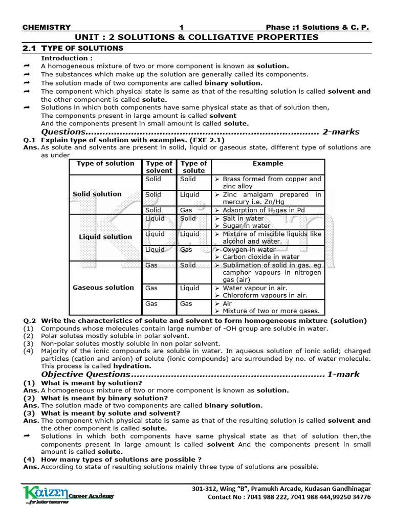 Phase 1 Unit 2 Solutions and Colligative Properties Eng Med | PDF | Solubility | Mass ...
