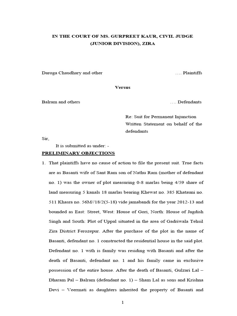 Written Statement in Case of Permanent Injunction Tilted Daroga vs. Balram | PDF | Common Law ...