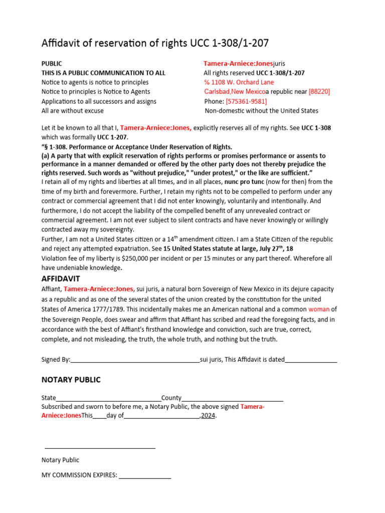 Affidavit of Reservation of Rights UCC1 | PDF | Affidavit | Justice