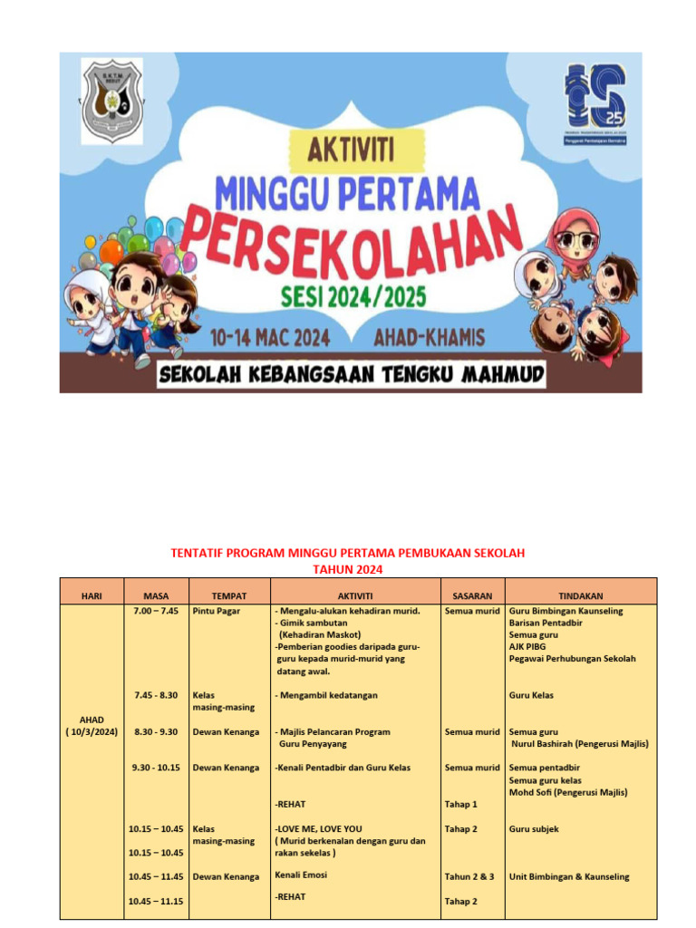 Tentatif Program Minggu Pertama Pembukaan Sekolah 2024 | PDF