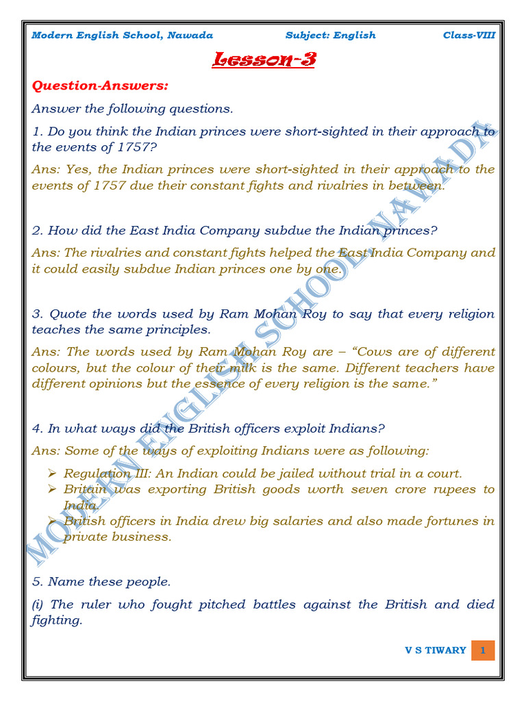 Viii Lesson3 Qas | PDF | British Raj