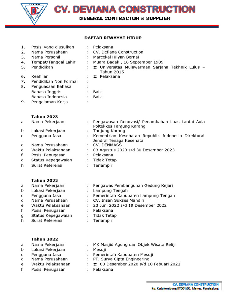 CV Marcekal Hilyan Bernai | PDF