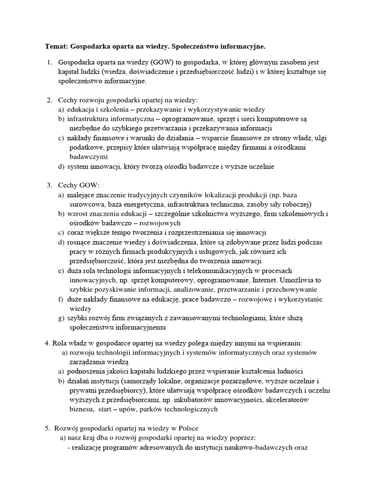 Gospodarka Oparta Na Wiedzy. Społeczeństwo Informacyjne. | PDF