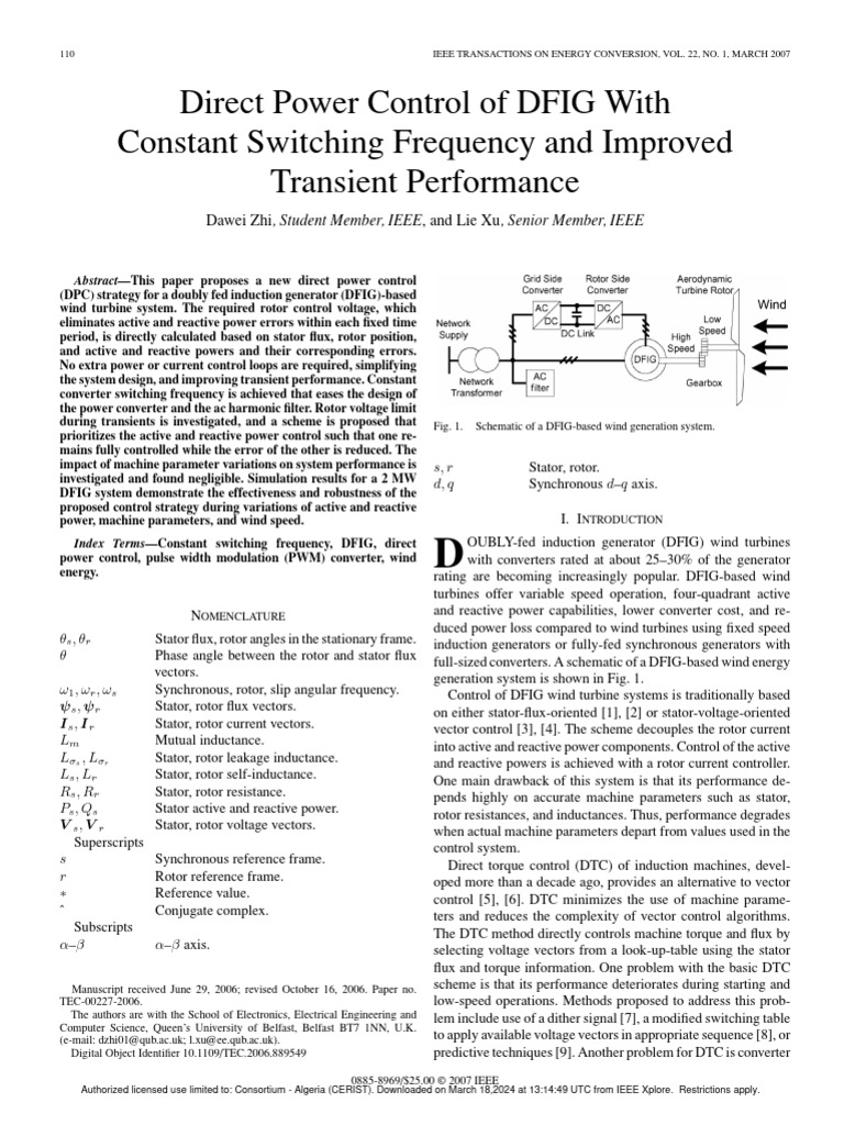 Direct Power Control of DFIG With Constant Switching Frequency and Improved Transient ...