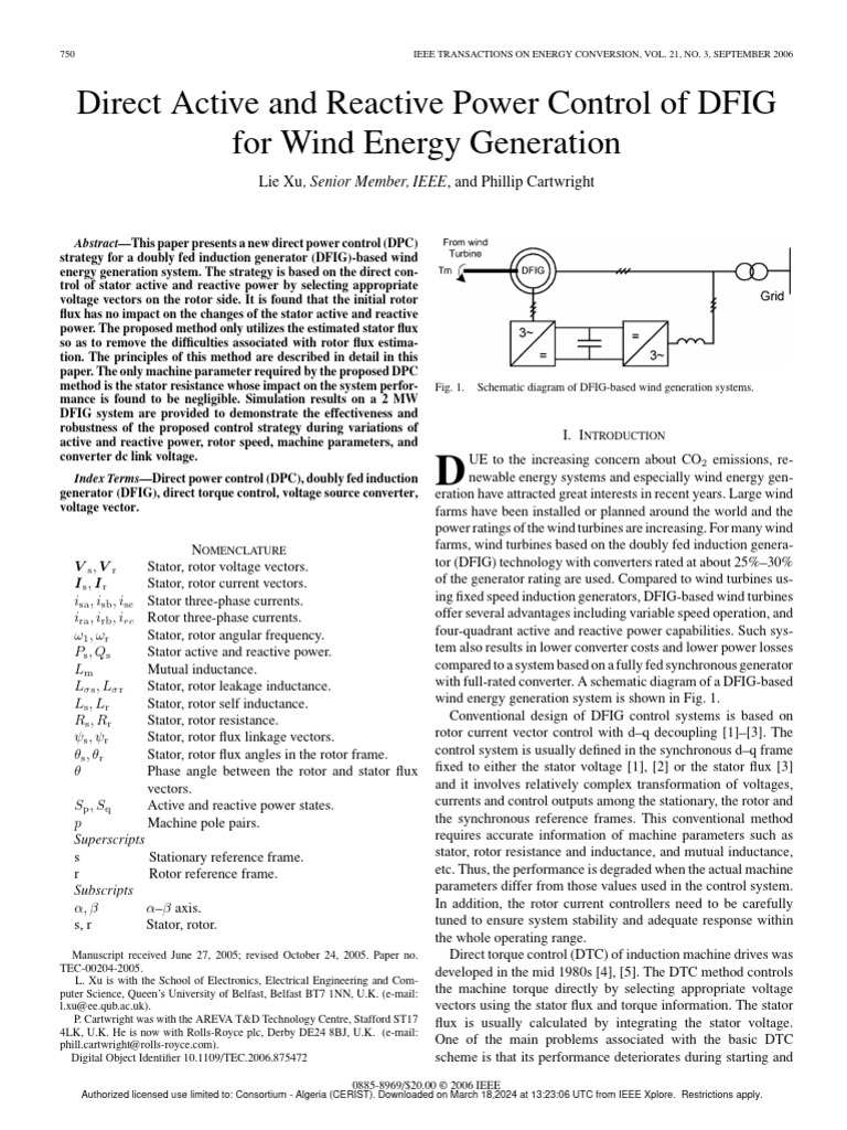 Direct Active And Reactive Power Control Of Dfig For Wind Energy Generation Pdf Electric