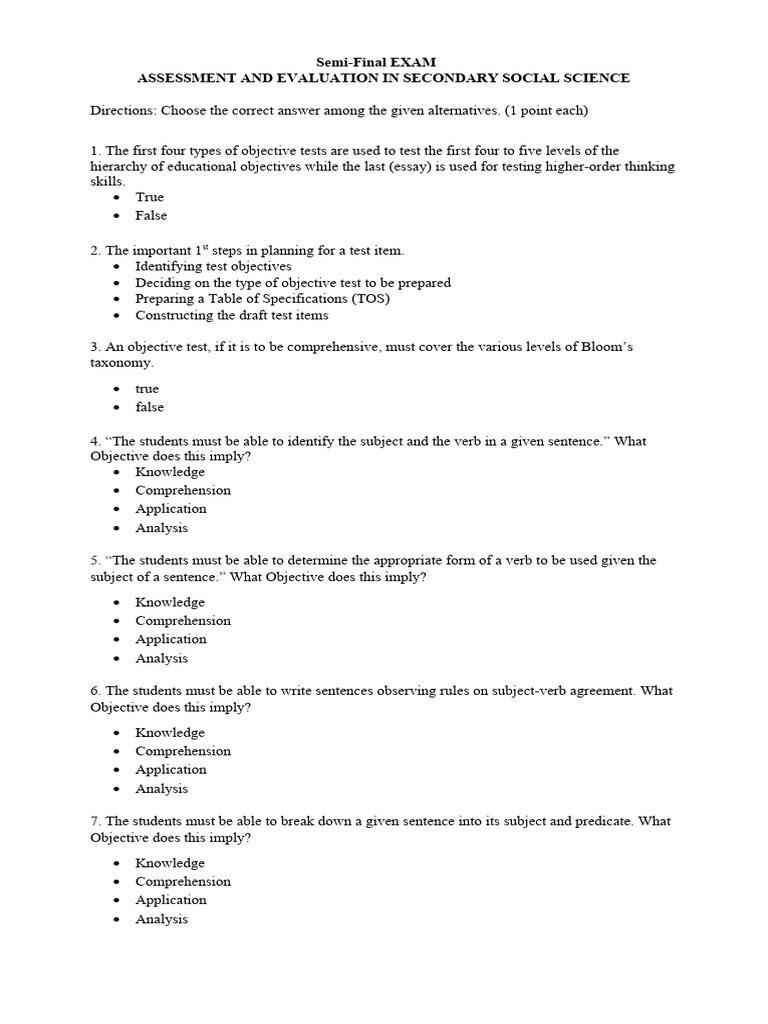 Semi Final Assessment and Evaluation TQ | PDF | Multiple Choice | Cognition