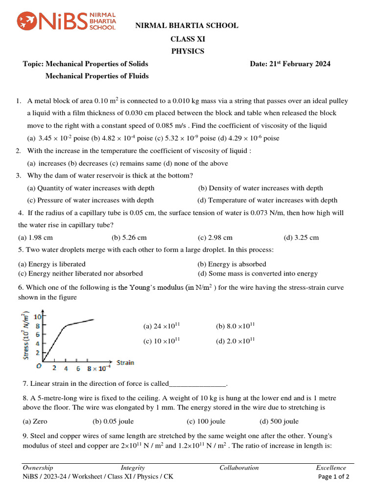 Class_11_Worksheet_3_solids_and_fluids | PDF | Liquids | Water