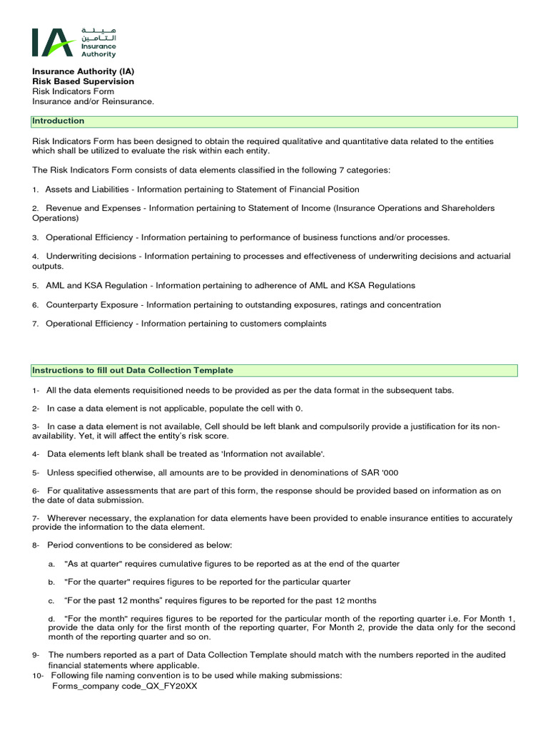 Risk Indicators Form for Insurance Supervision | PDF | Insurance ...
